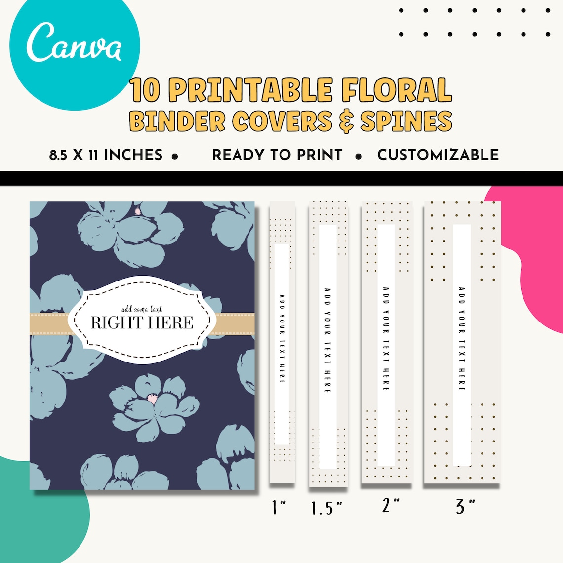 10 Editable Floral Printable Binder Covers & Spines 8.5 X 11 Inches ...