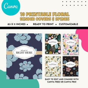 10 Editable Floral Printable Binder Covers & Spines 8.5 X 11 Inches ...