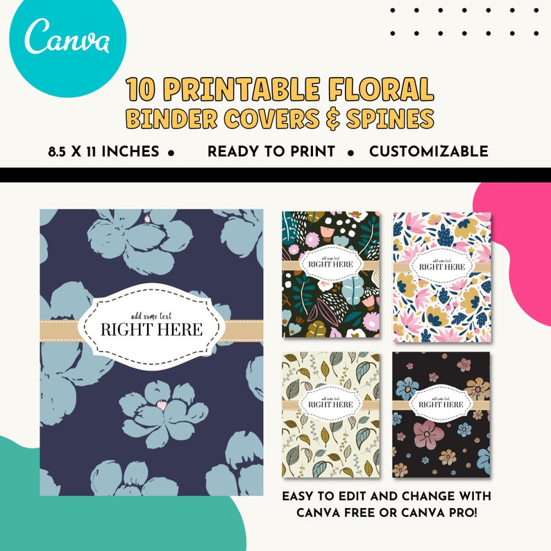 10 Editable Floral Printable Binder Covers & Spines 8.5 X 11 Inches ...