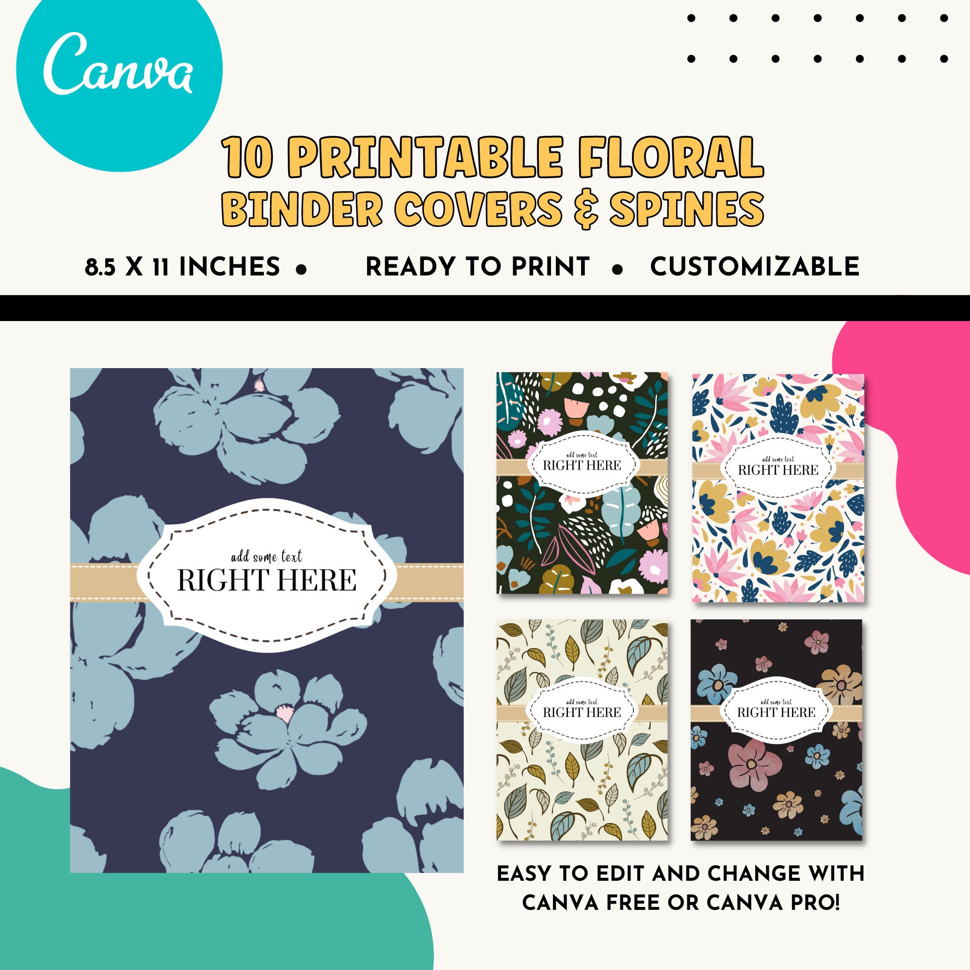 10 Editable Floral Printable Binder Covers & Spines 8.5 X 11 Inches ...