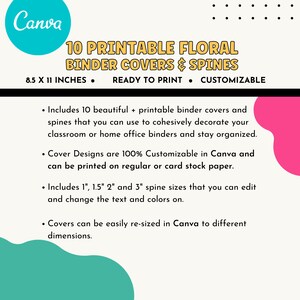 10 Editable Floral Printable Binder Covers & Spines 8.5 X 11 Inches ...