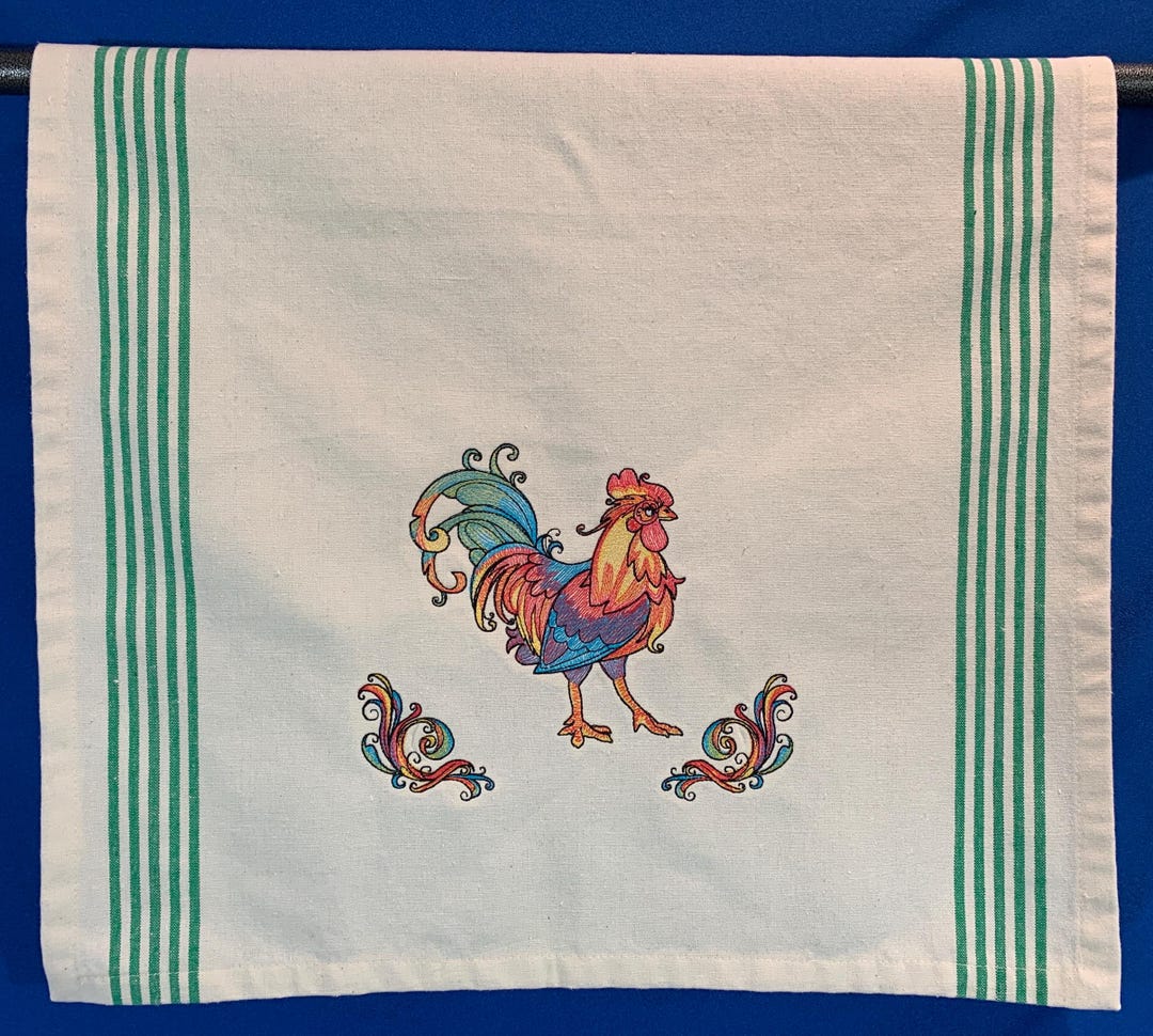 Embroidered Psychedelic Rooster Kitchen Towel: Colorful Barnyard Decor ...