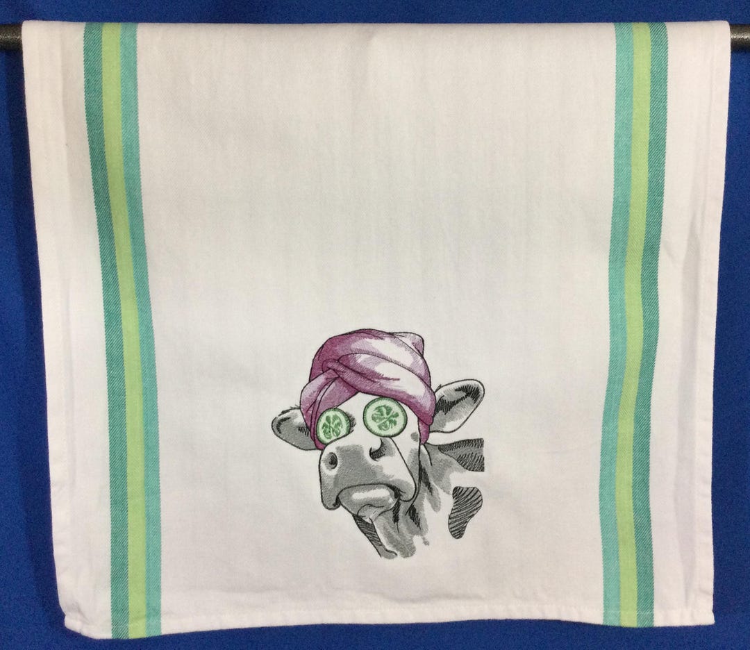 Kitchen Towel - Cow - Cucumbers & Spa Day Cow Embroidered Towel -28” X ...