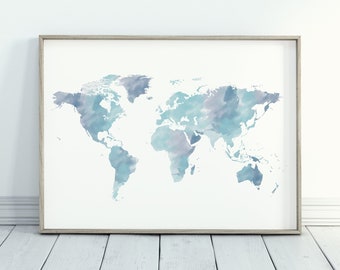 PRINTABLE // Watercolor World Map Poster, Blue World Map Wall Art ...