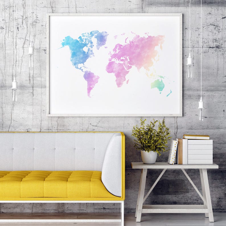 PRINTABLE // Pastel World Map Print Pastel Watercolor World | Etsy