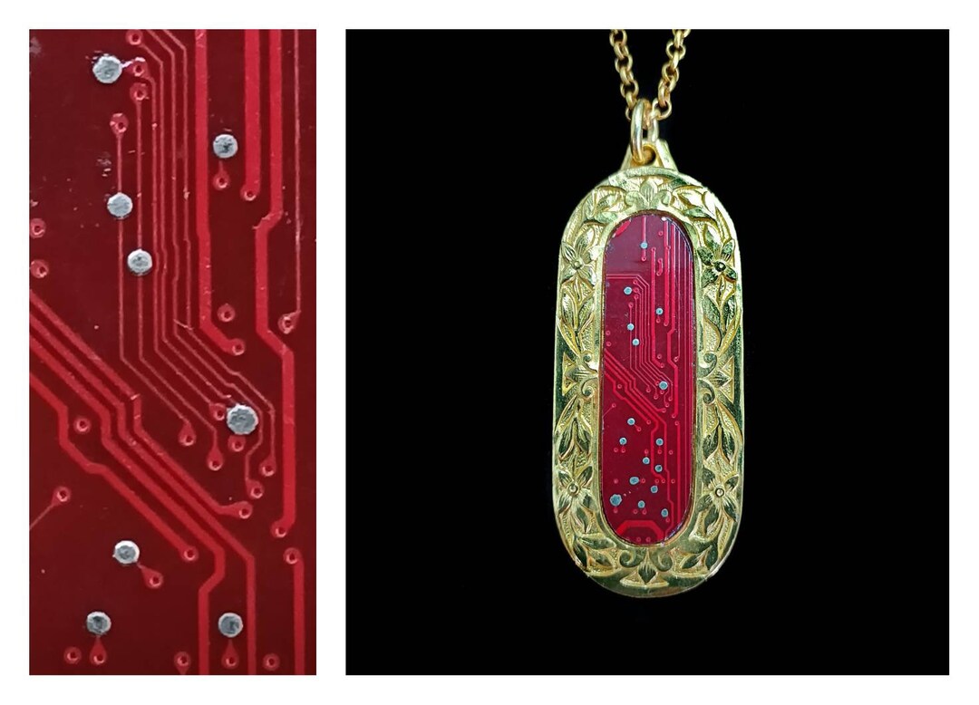 Digital Gift for Her, Red Gold Cyberpunk Necklace, Upcycled Motherboard ...
