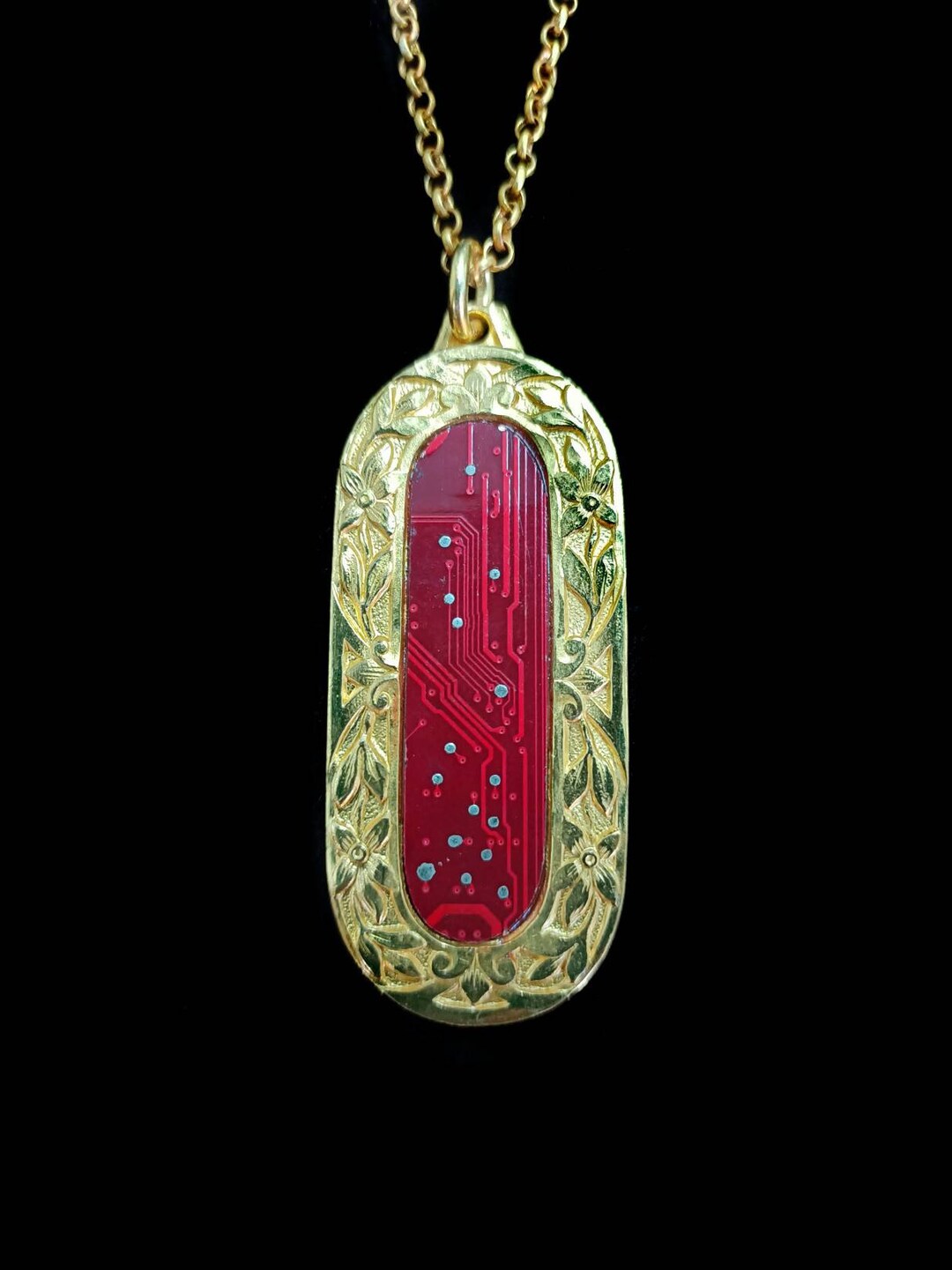 Digital Gift for Her, Red Gold Cyberpunk Necklace, Upcycled Motherboard ...