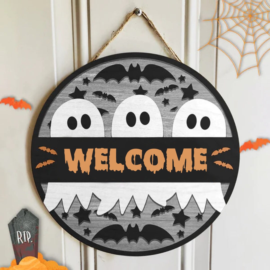 Welcome Halloween Party Wood Circle Sign, Welcome Halloween Round Sign ...