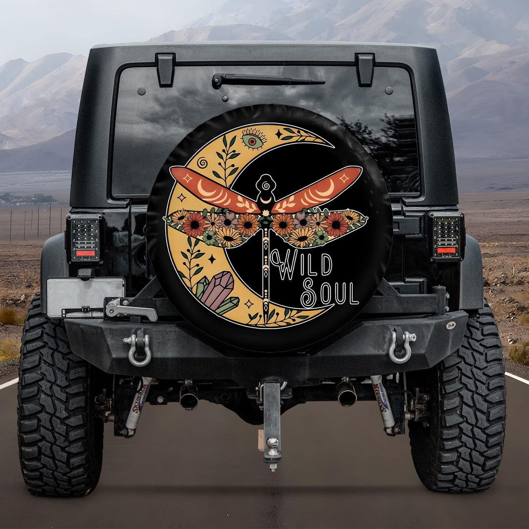 Wild Soul Moon Spare Tire Cover, Dragonfly Boho Moon Floral Tire Cover ...