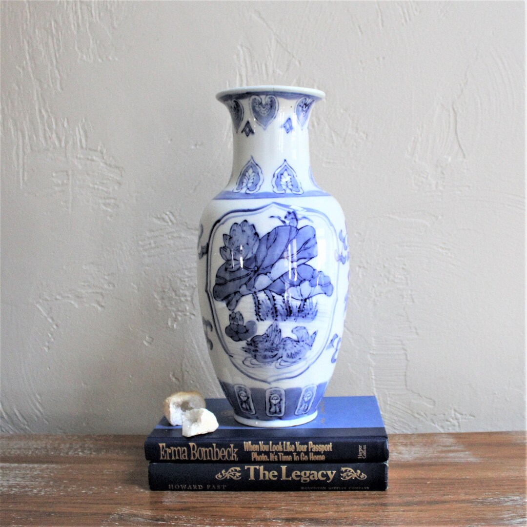 Large Chinoiserie Vase, Blue and White Vase, Tall Porcelain Vase, Oriental Decor, Flower Vase ...