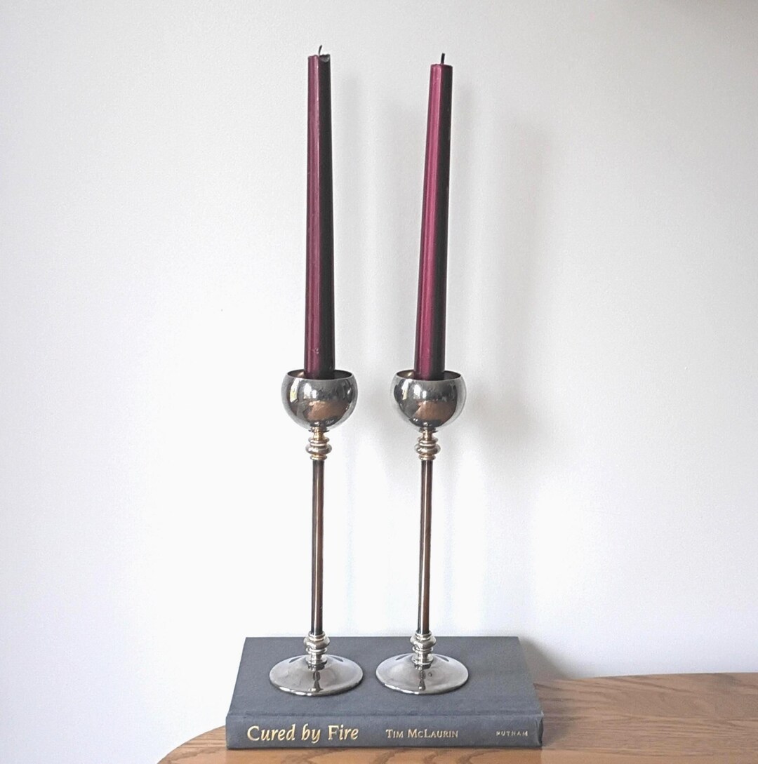 Vintage 9" Tall Modern Silver Candlestick Pair, Thin Candle Sticks ...
