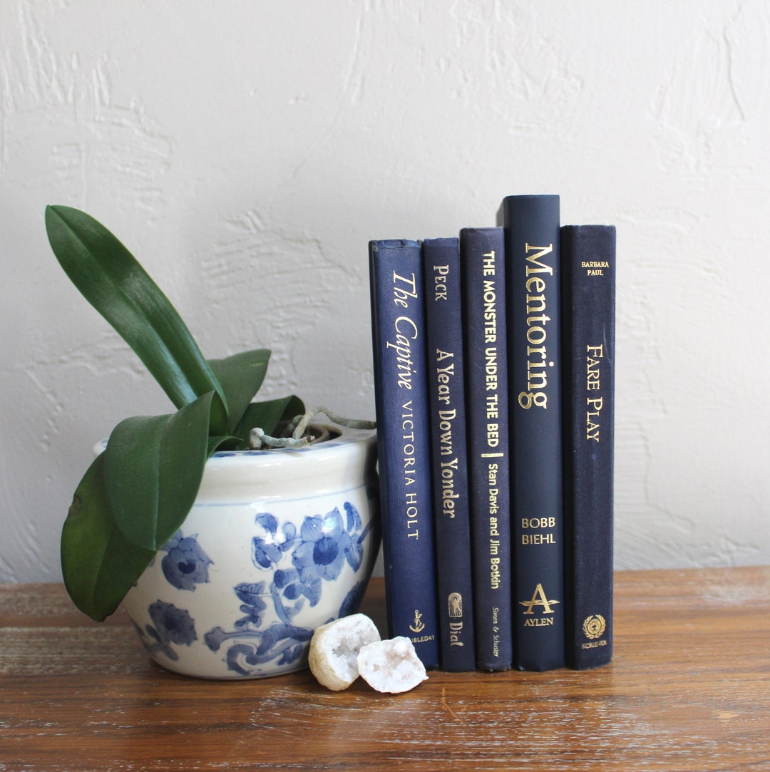 5 Decorative Navy Books, Dark Blue Book Set Bookshelf Decor, Wedding ...