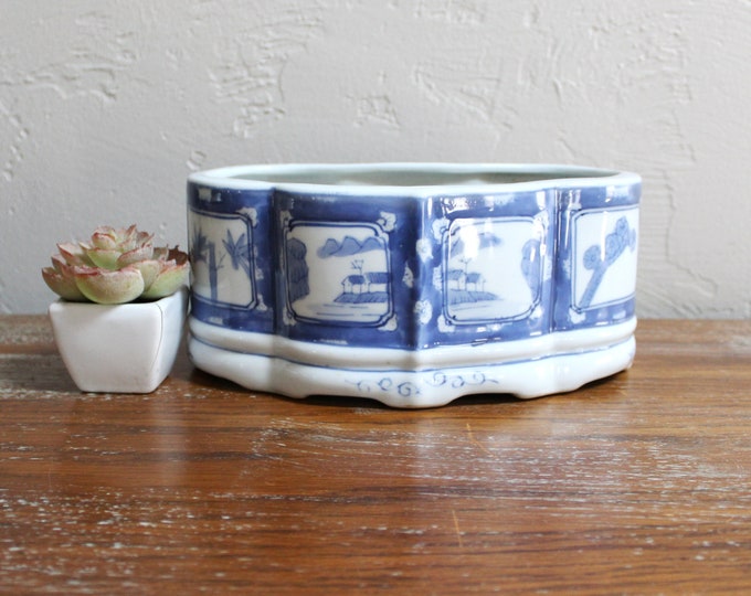 Vintage Chinoiserie Planter, Blue and White Planter, Porcelain Planter ...