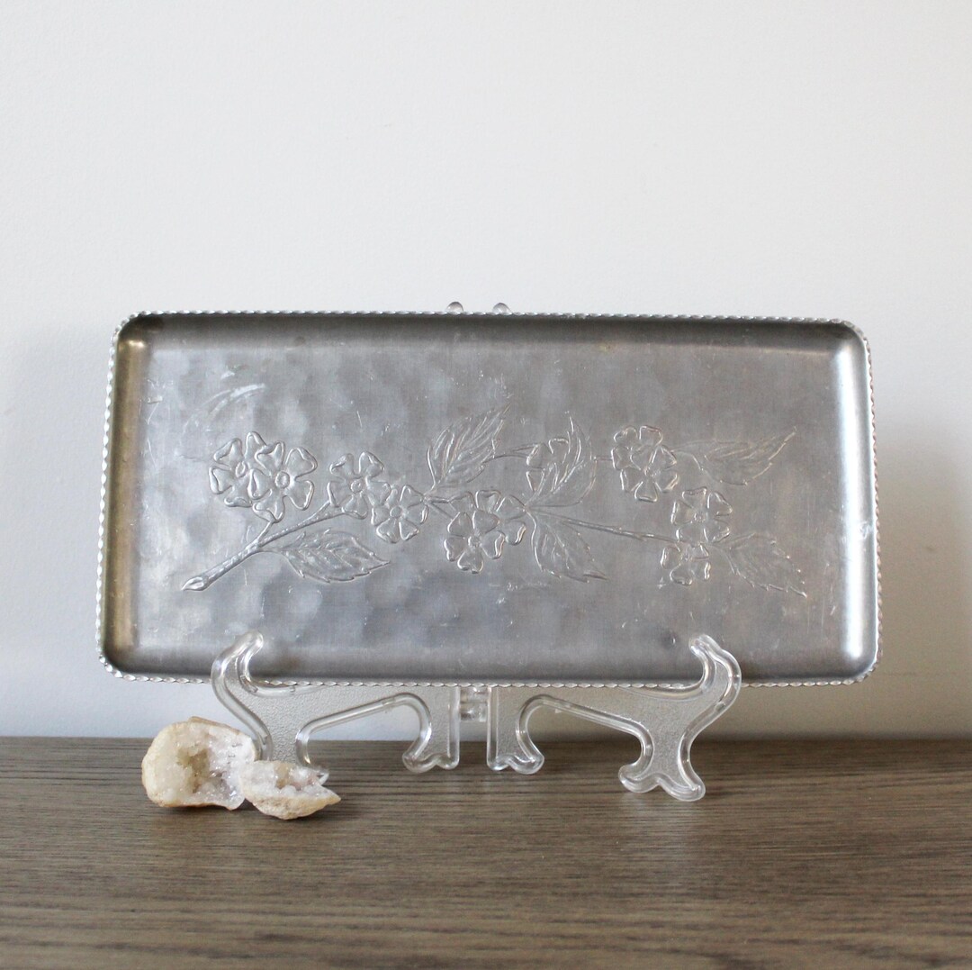 Vintage Floral Aluminum Serving Tray, Silver Bread Tray, Rectangle Tray ...