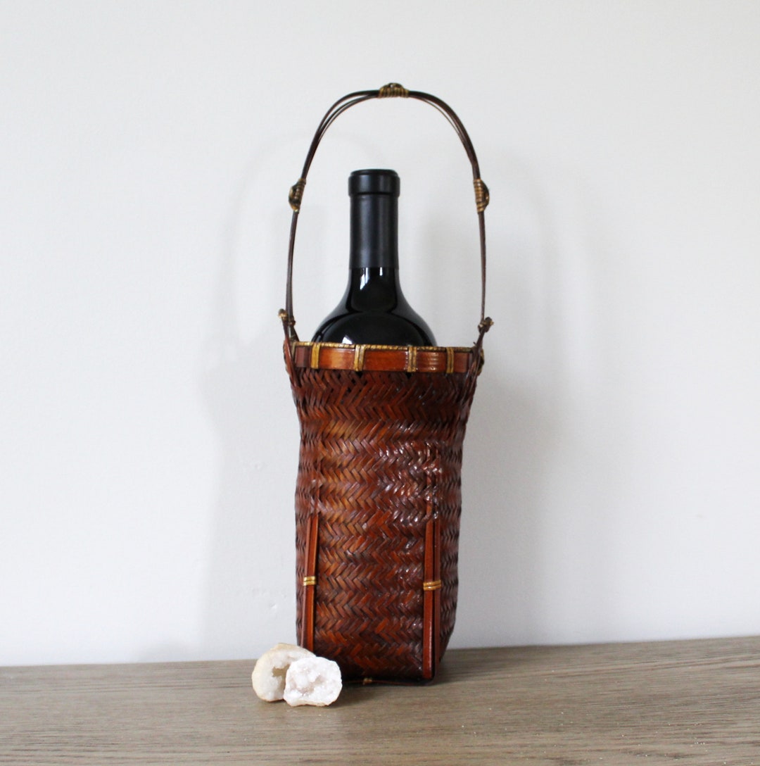 Vintage Wicker Wine Basket With Handle, Rattan Wine Tote, Boho Wine ...