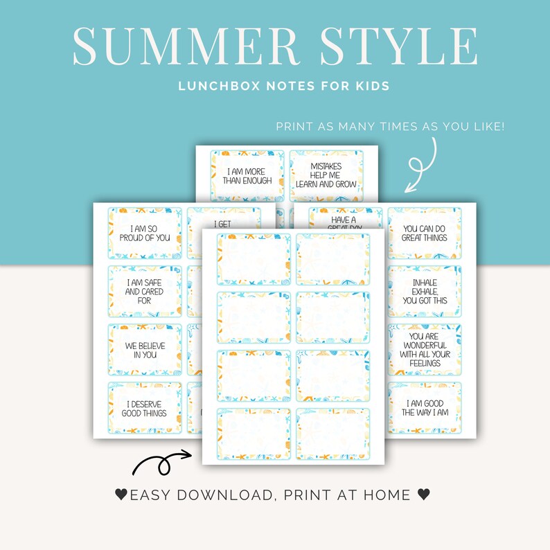 Lunch Box Notes for Kids Summer Beach Style, Lunchbox Notes Printable ...