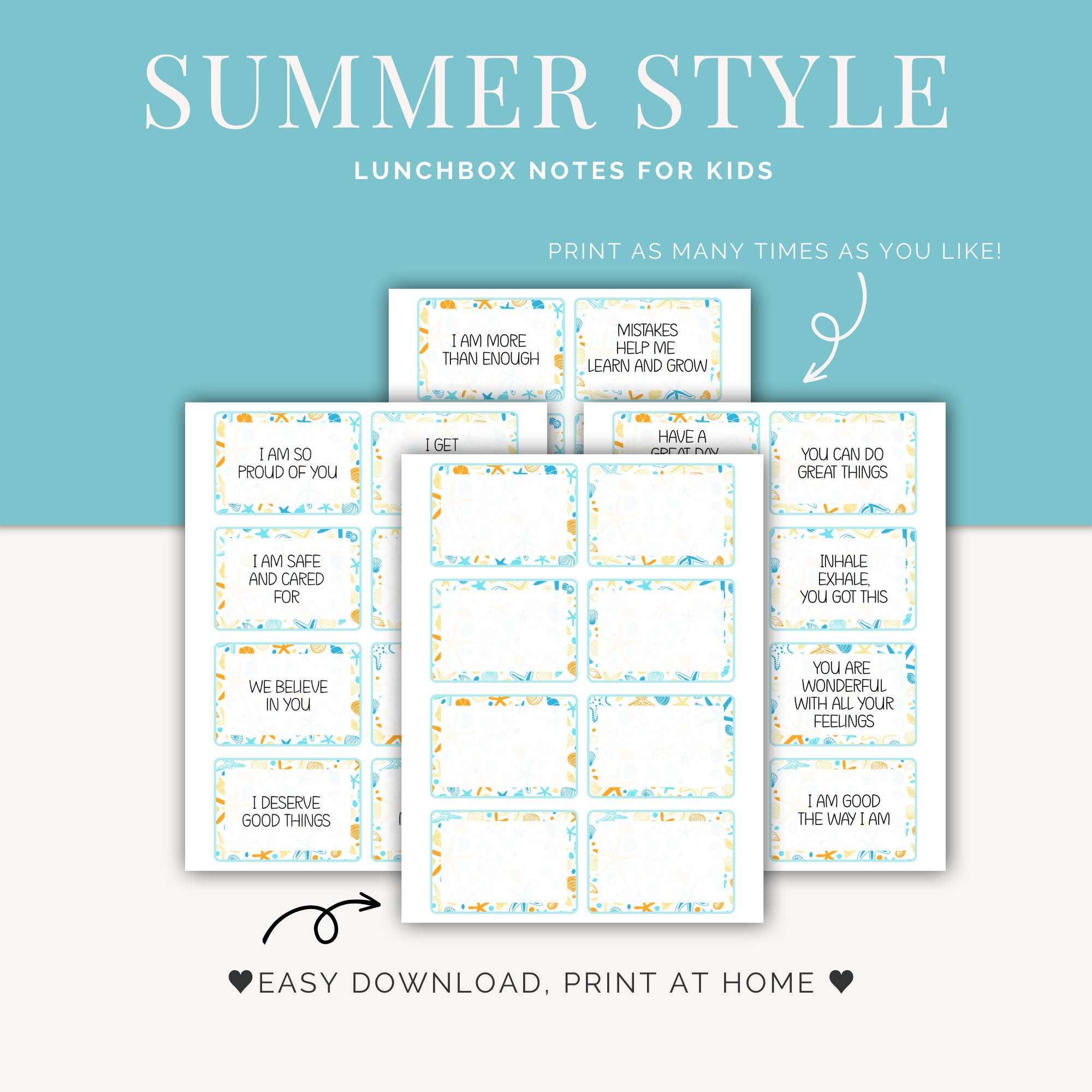Lunch Box Notes for Kids Summer Beach Style, Lunchbox Notes Printable ...