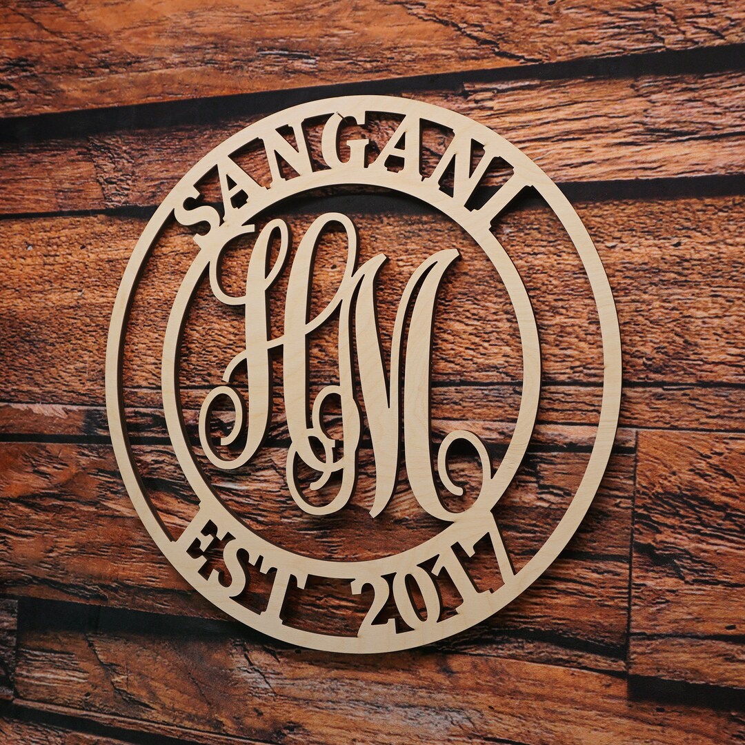 Circle 2 Letter Monogram Script With Date, Wooden Monogram, Wall Decor ...