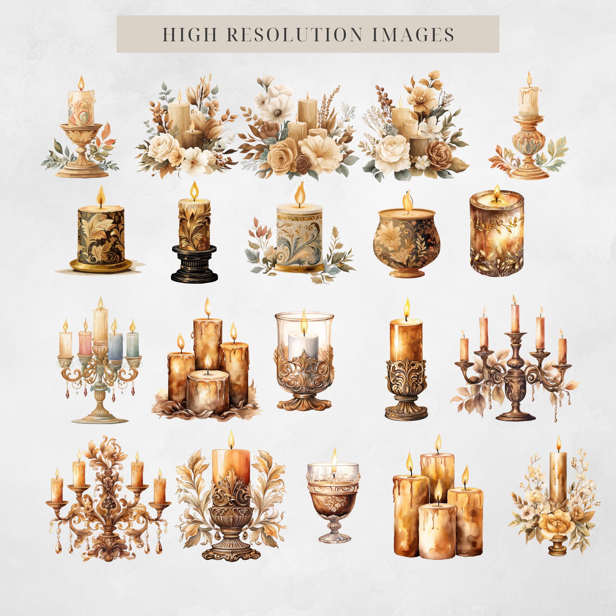 Vintage Floral Candle Clipart Bundle PNG, Watercolor Boho Hygge ...