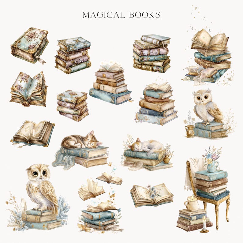 Enchanted Library Clipart Bundle | 258 Watercolour Elements | Book Nook ...