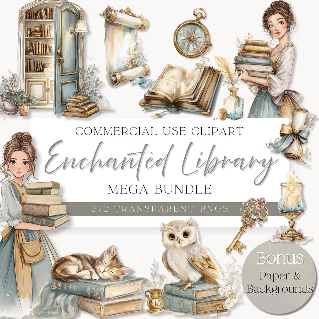 Enchanted Library Clipart Bundle | 258 Watercolour Elements | Book Nook ...