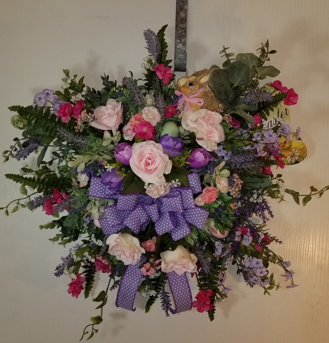 Easter Splatter Screen Wreath, With Purple White Plaid Check Bow ...