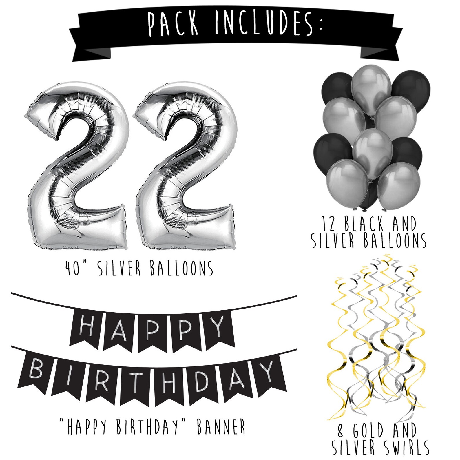 22nd Birthday Party Pack Black And Silver Happy Birthday Etsy
