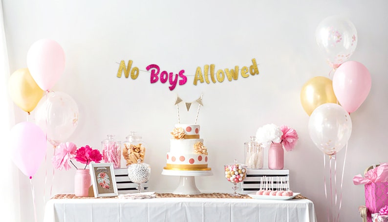 No Boys Allowed Gold and Pink Glitter Banner – Slumber Party – Pajama ...