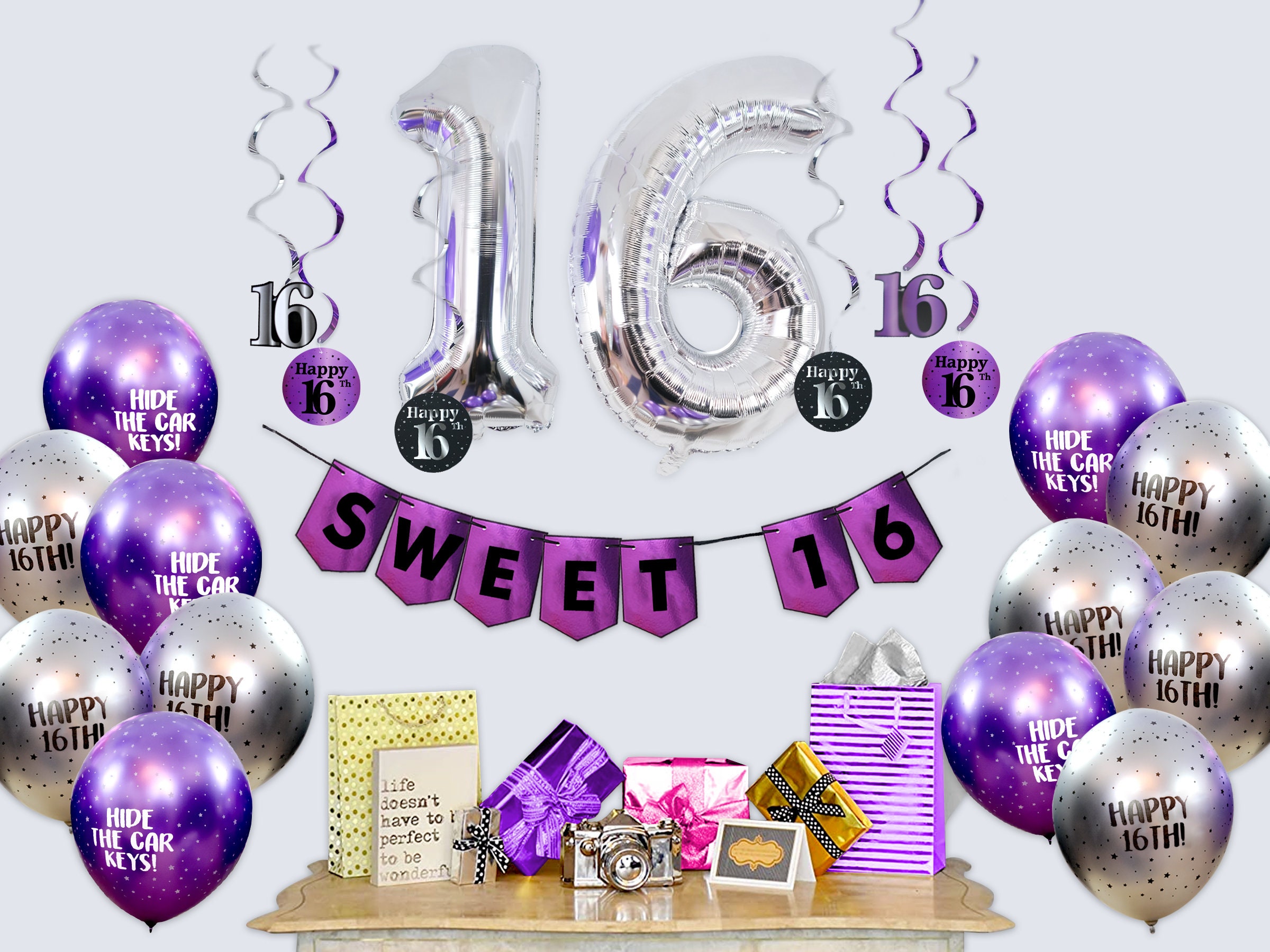 Sweet 16 Purple Party Pack - 16th Birthday Banner, Balloons ...