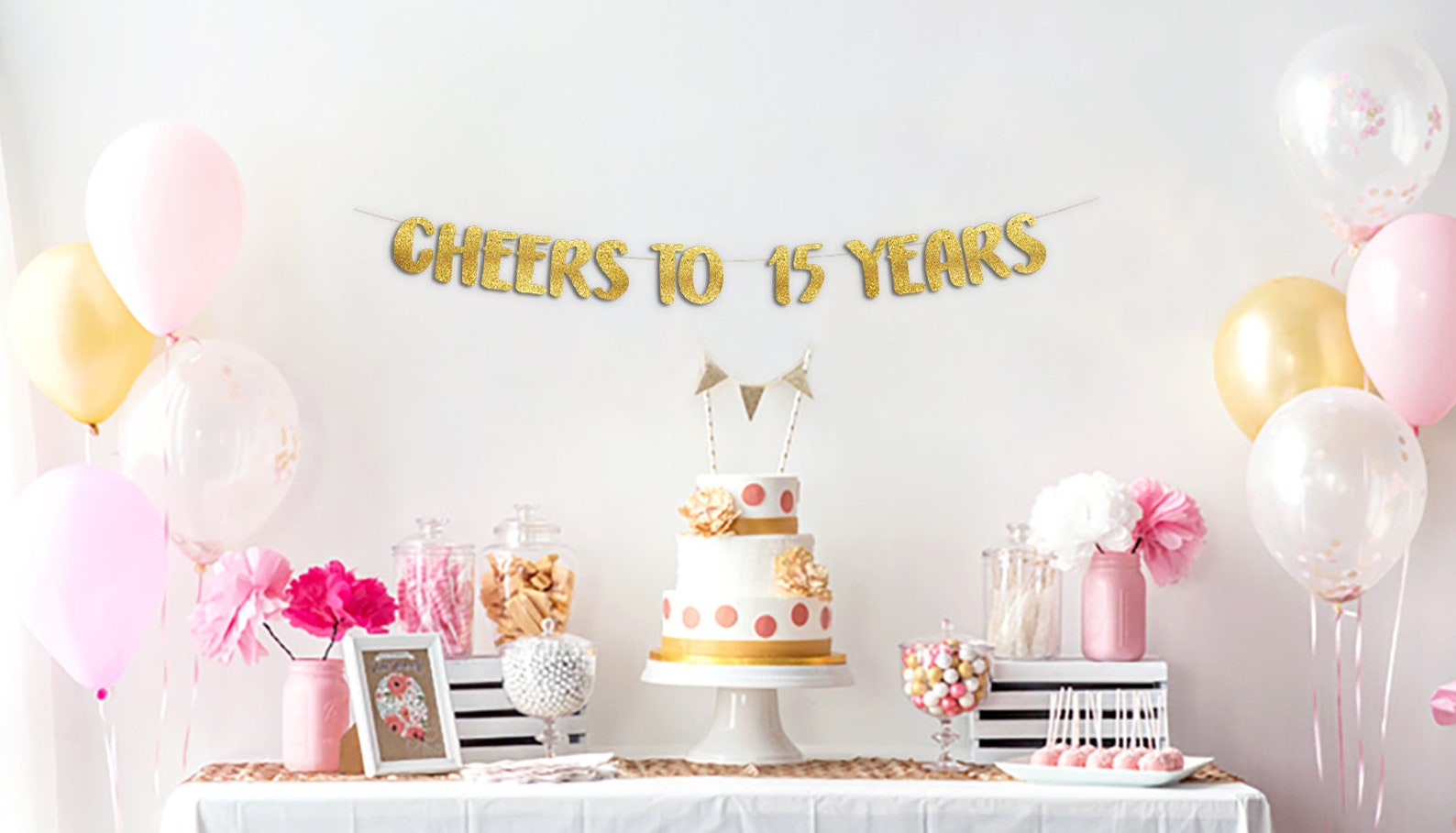 Cheers to 15 Years Gold Glitter Banner 15th Anniversary and | Etsy
