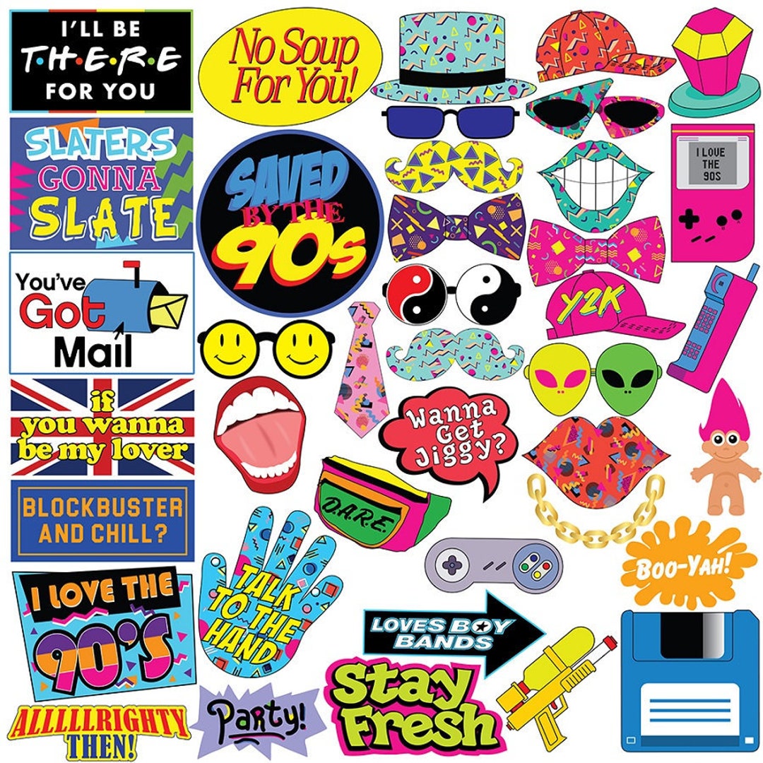 Throwback 90's Photo Booth Prop Set - Funny 1990's Theme Party ...