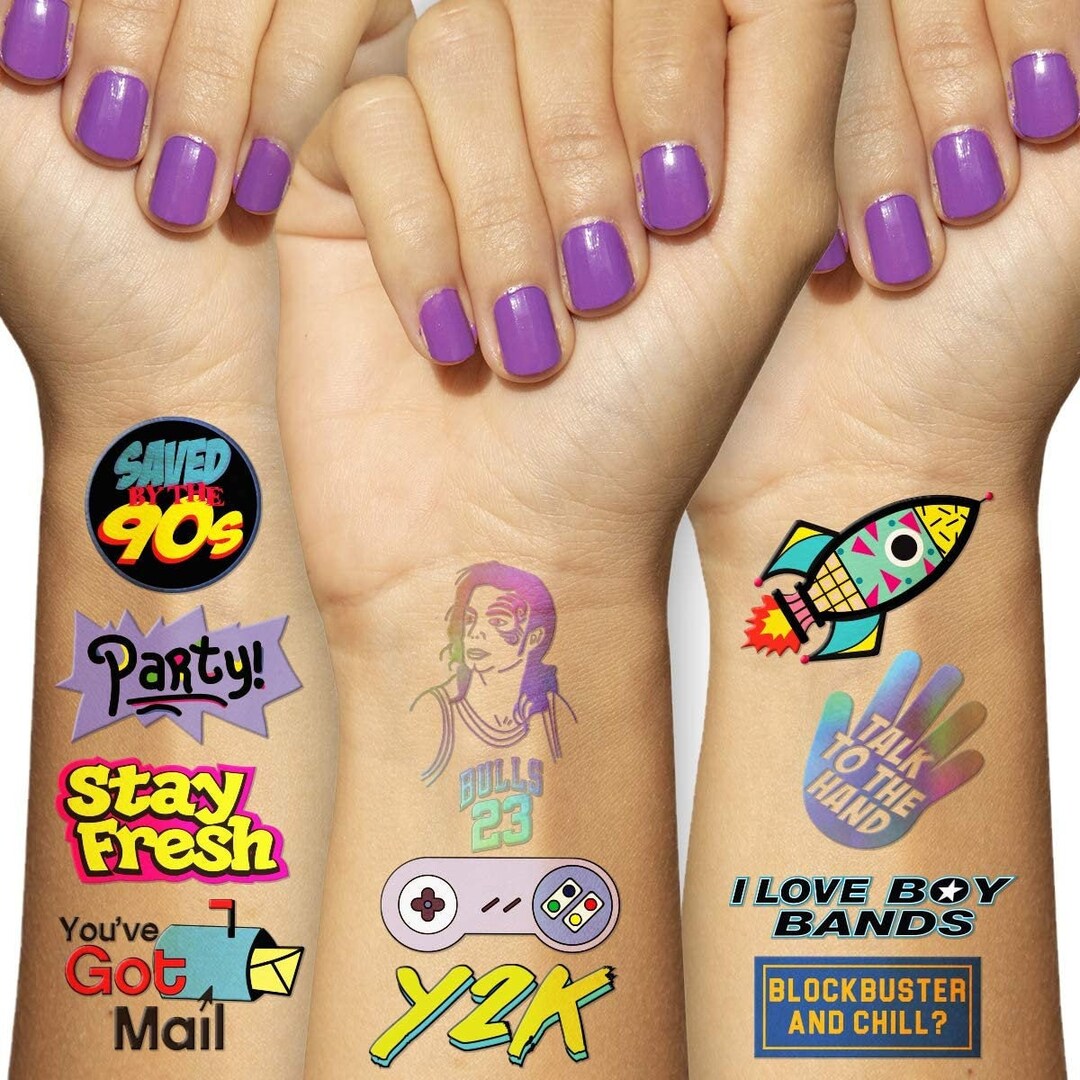 Throwback 90s Theme Temporary Tattoos (5 Pages) - Funny 1990's Theme ...