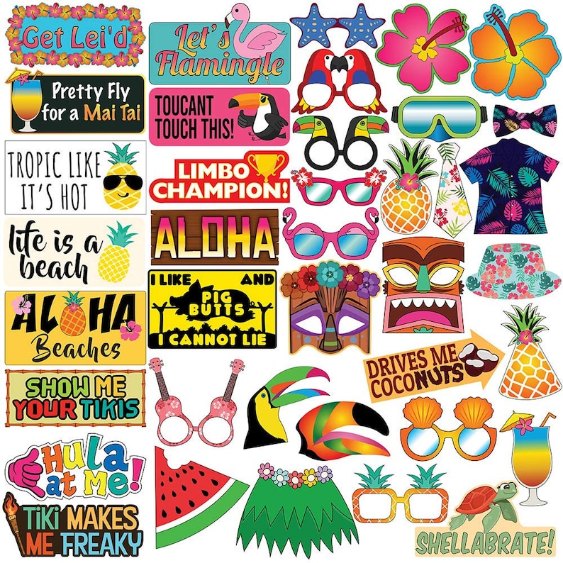 Luau Party Photo Prop Set - 40 Pcs - Hawaii - Aloha -tropical - Tiki ...