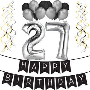 27th Birthday Party Pack Black & Silver Happy Birthday Bunting, Balloon ...