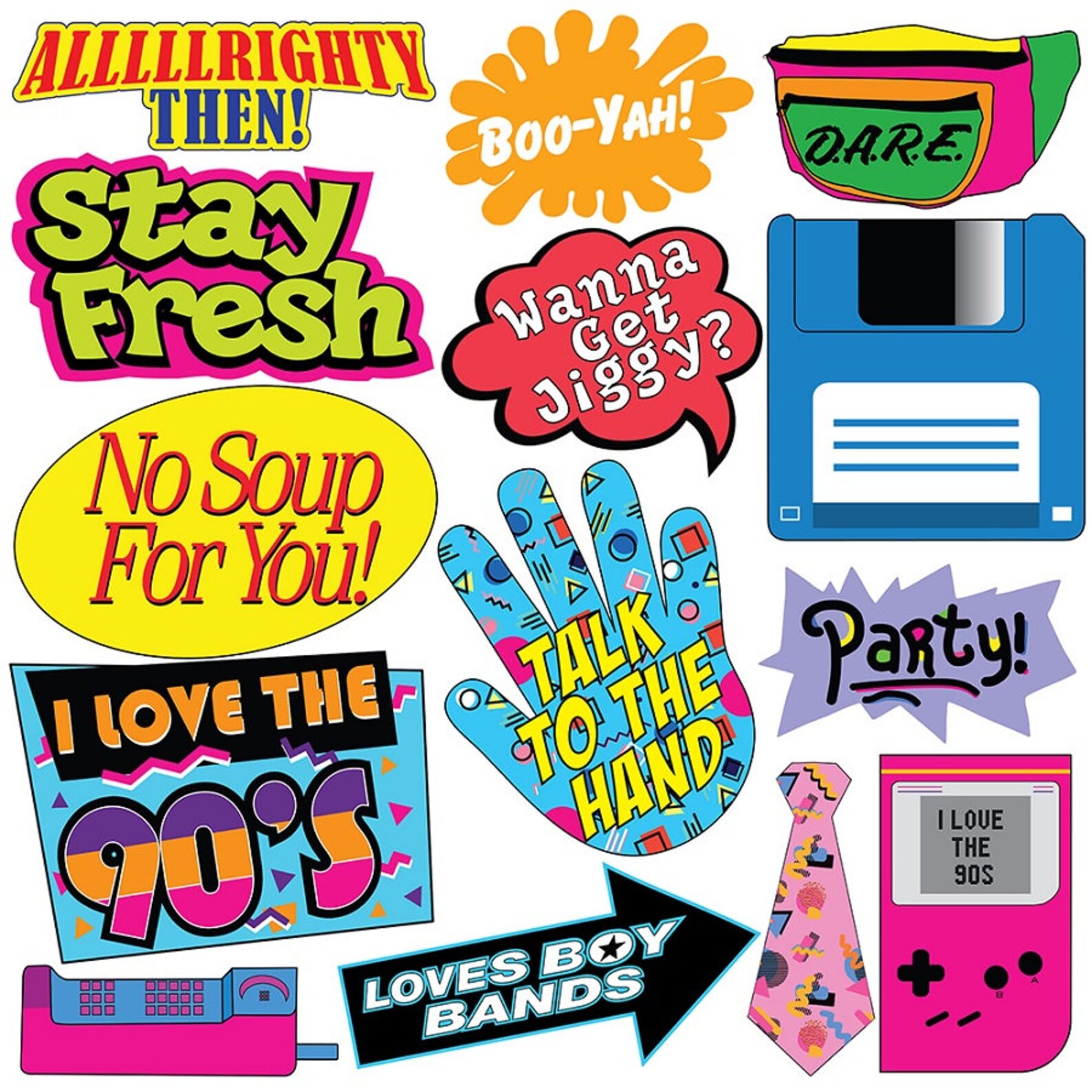 Throwback 90's Photo Booth Prop Set - Funny 1990's Theme Party ...