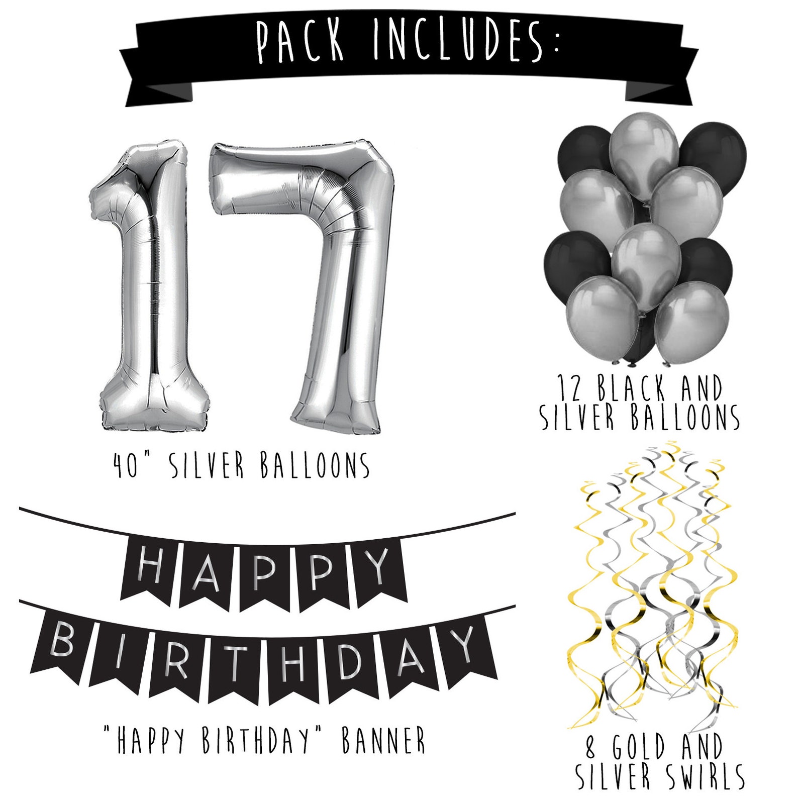 17th Birthday Party Pack Black & Silver Happy Birthday | Etsy