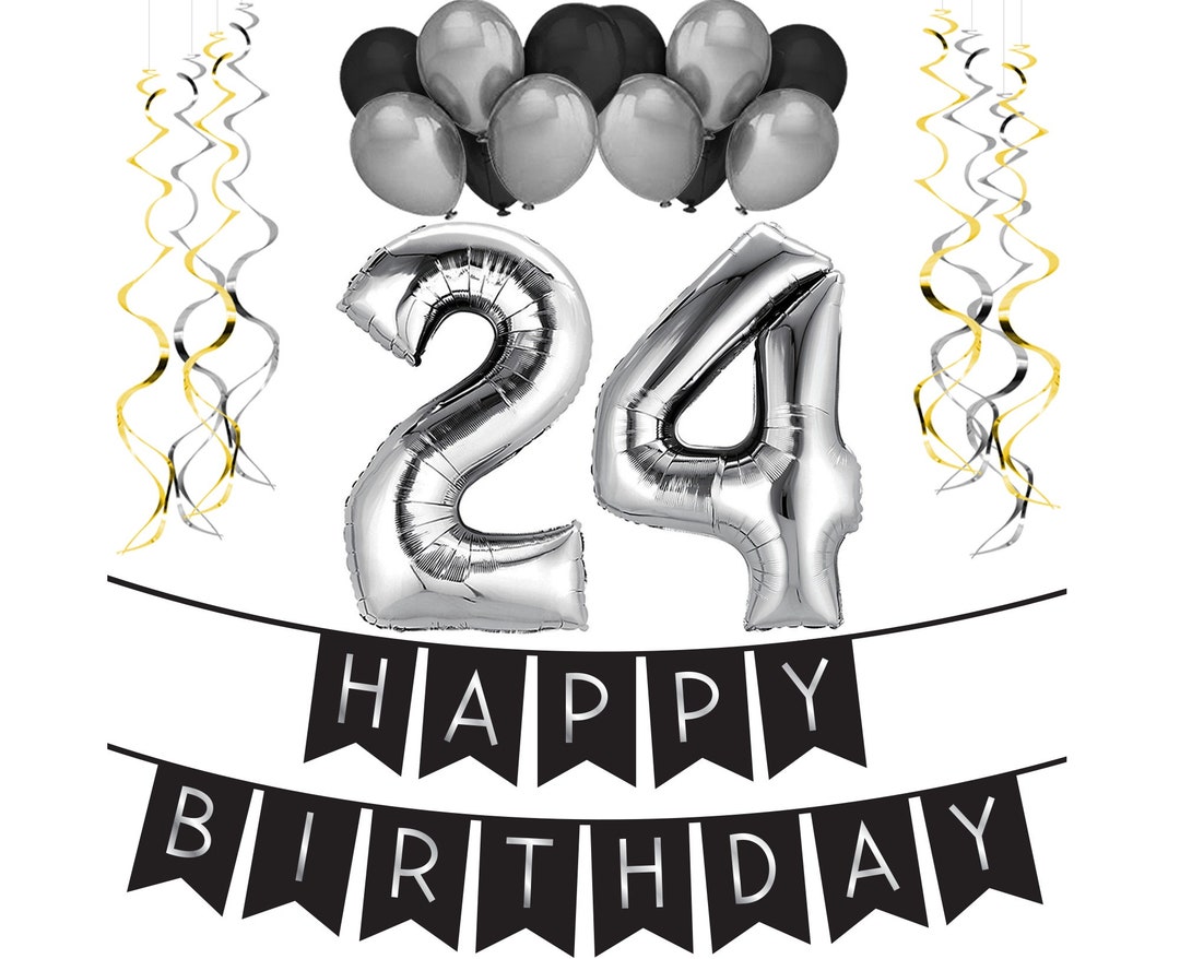 24th Birthday Party Pack – Black & Silver Happy Birthday Bunting ...