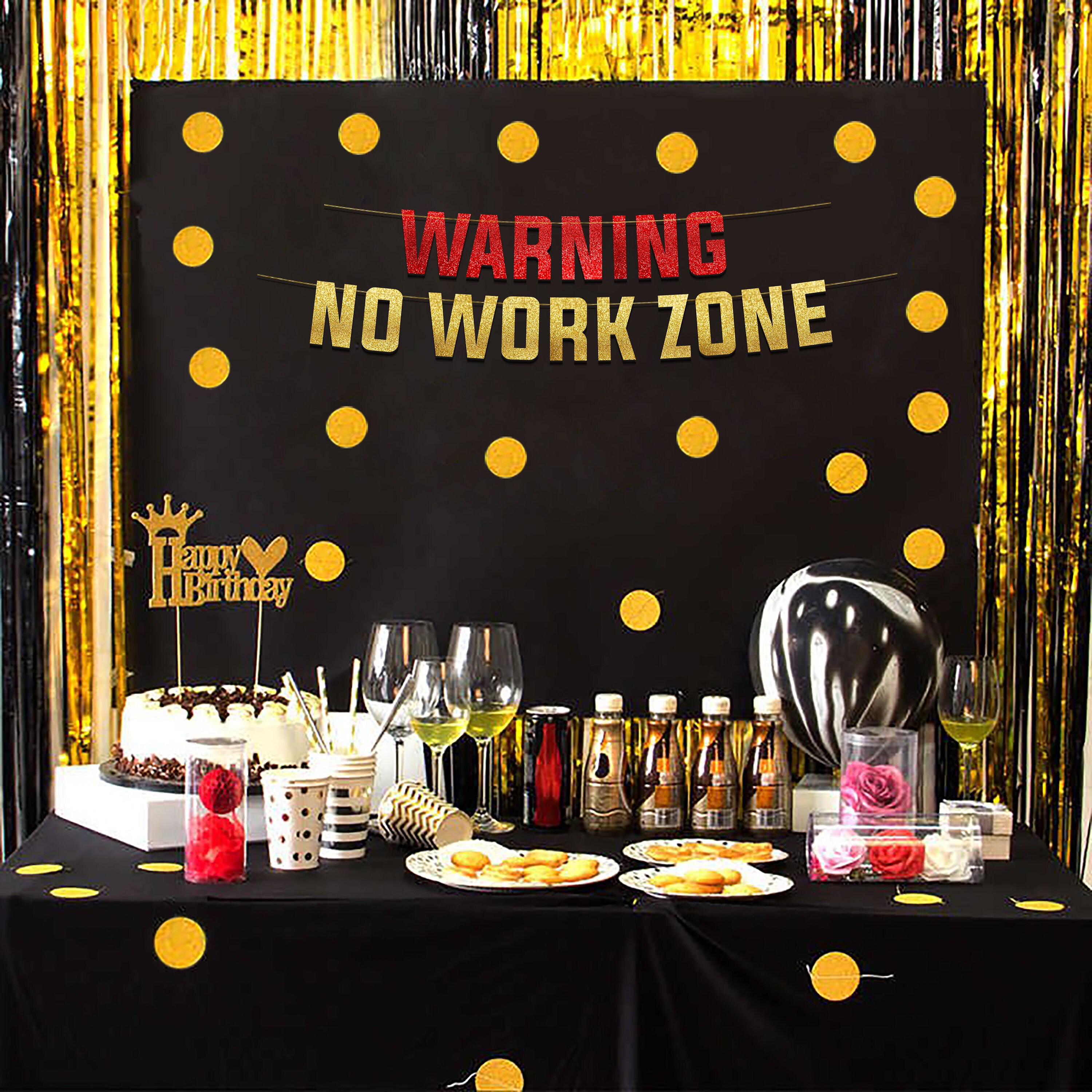 Warning No Work Zone Red and Gold Glitter Banner – Funny Retirement ...