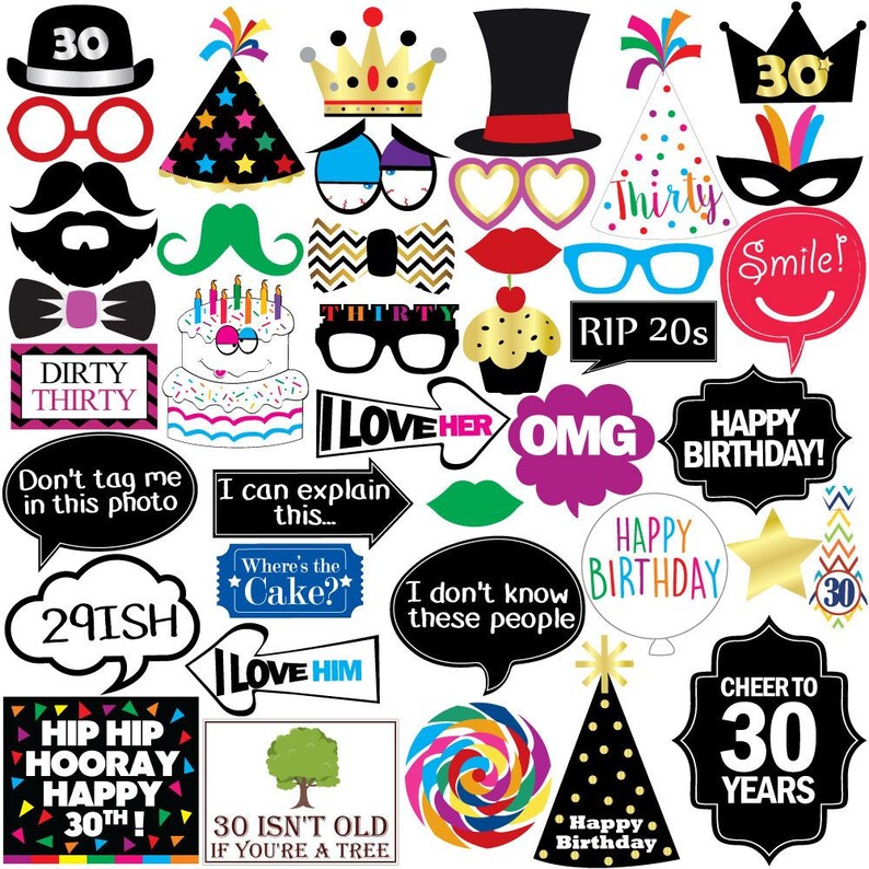 30th Birthday Photo Booth Party Props - 40 Pieces - Funny 30th Birthday ...