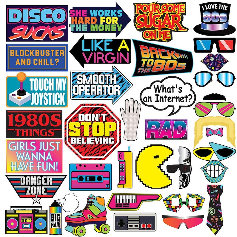 Retro 80's Photo Prop Set - 37 Pcs - Funny 1980's Theme Party ...