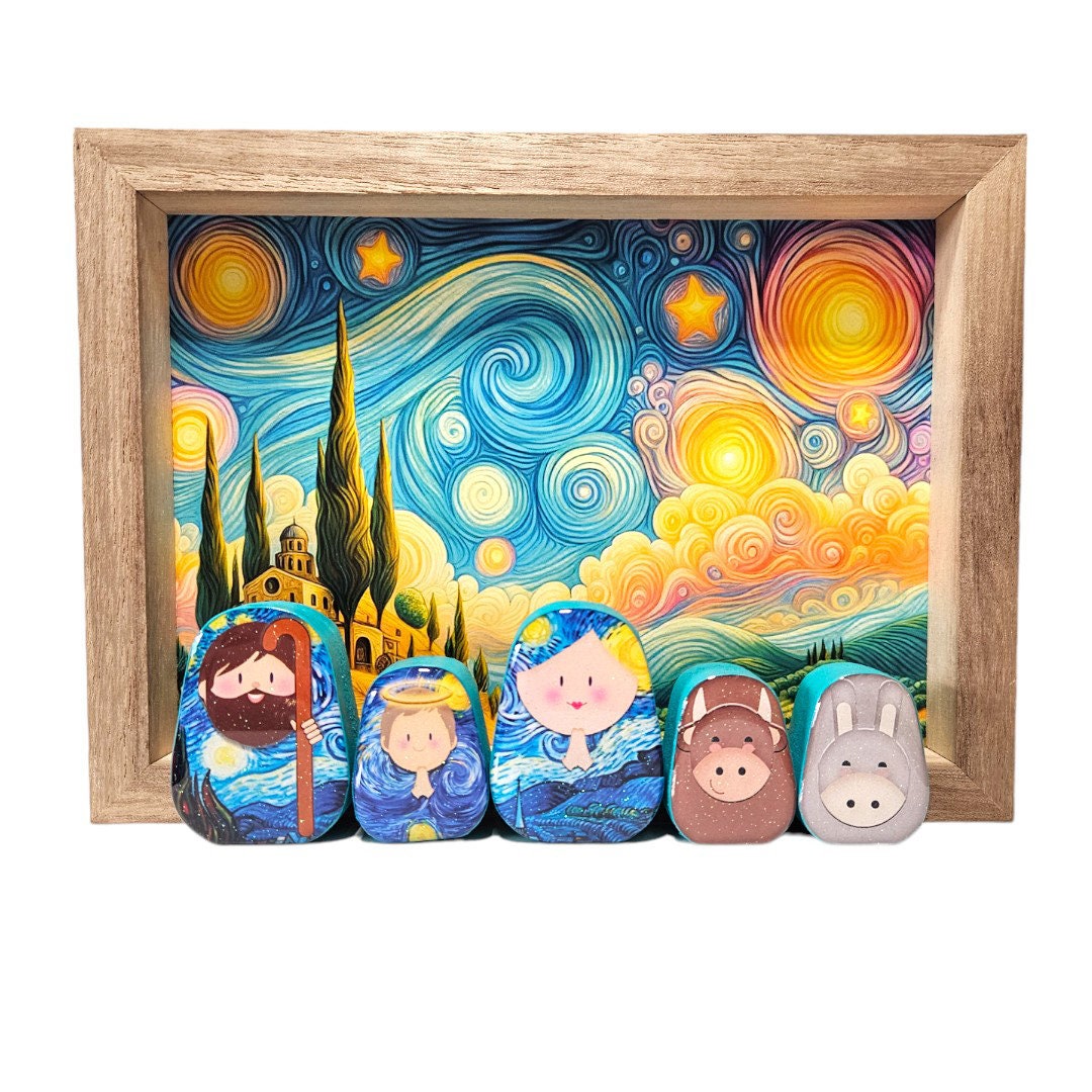 Modern Nativity Set, Starry Night Decor, Gift for Artist, Christmas ...