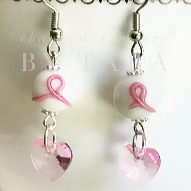 Beaded Breast Cancer Awareness Dangle Charm Earrings / Stainless Steel ...