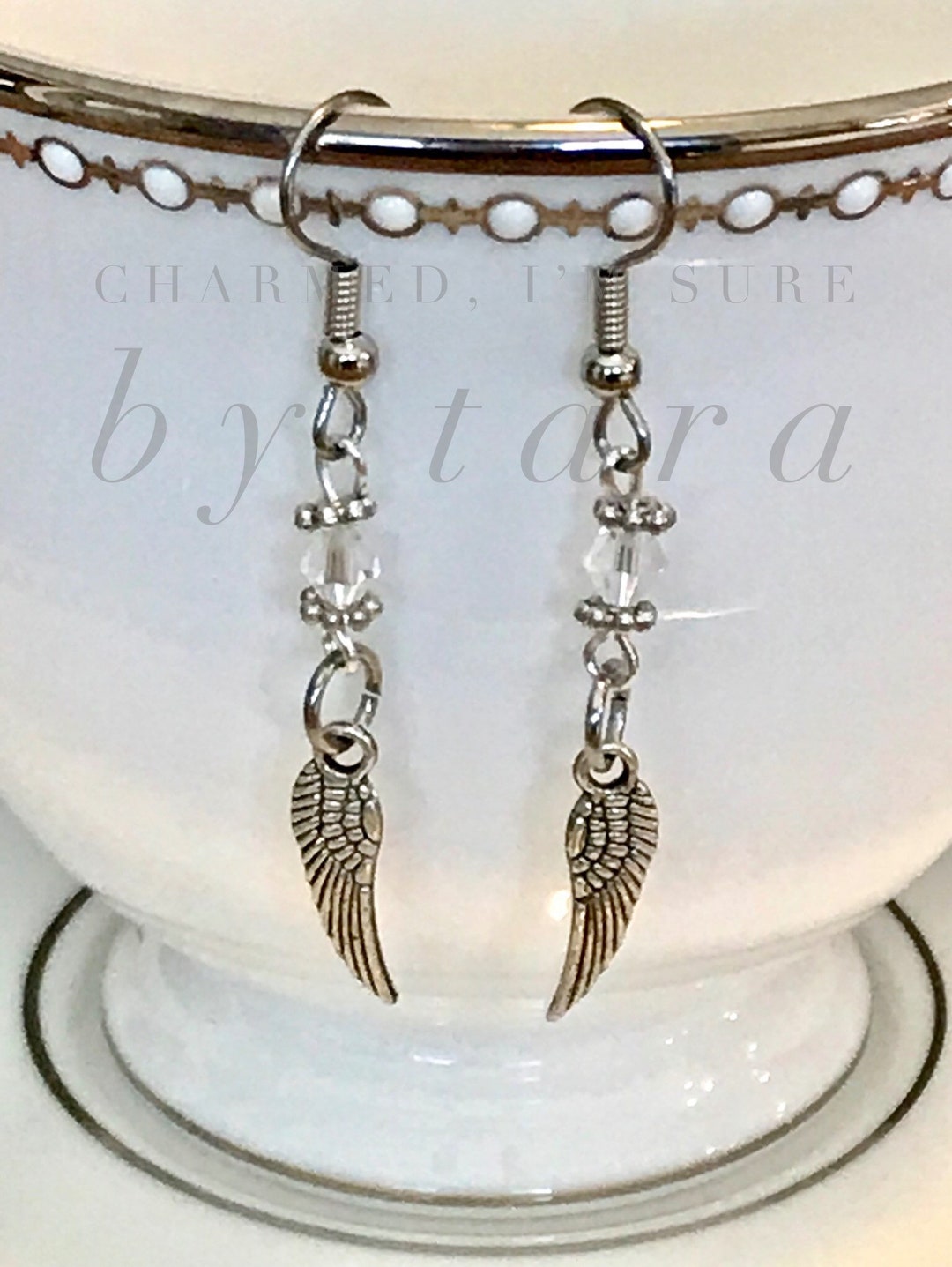 Angel Wing Dangle Charm Earrings With Swarovski Crystals/ Drop Earrings ...