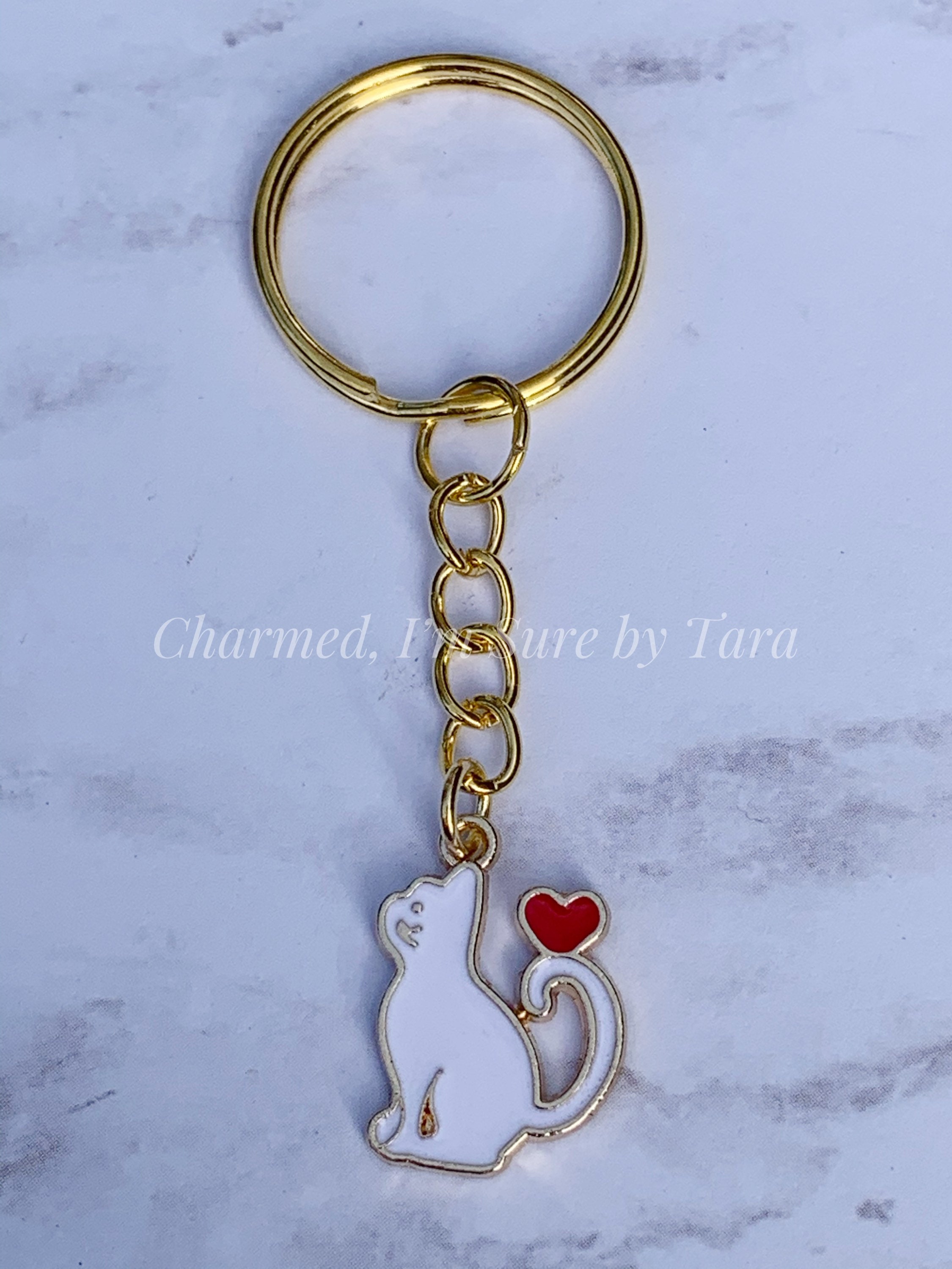 Enamel Cat Charm Keychain/ Gold Tone/ Black Cat/ White Cat - Etsy