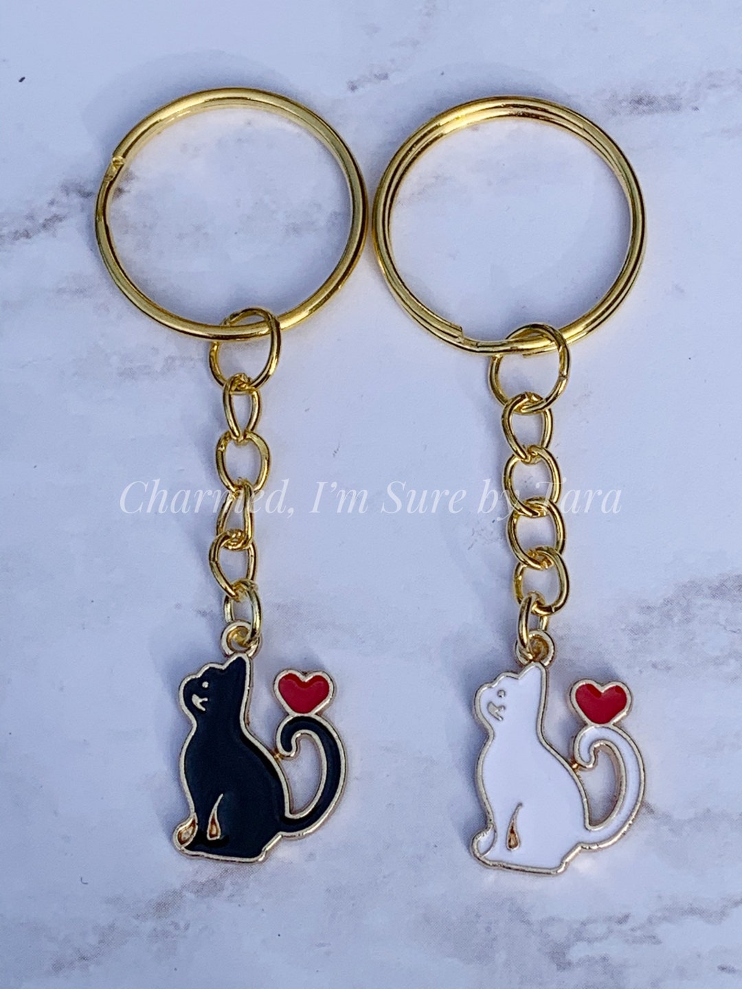 Enamel Cat Charm Keychain/ Gold Tone/ Black Cat/ White Cat - Etsy