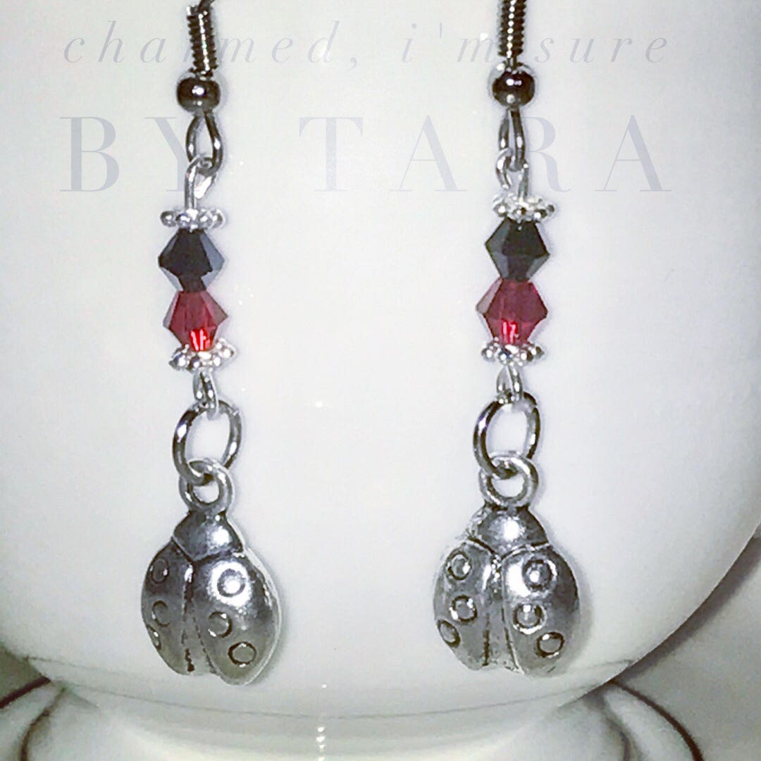 Ladybug Dangle Charm Earrings With Swarovski Crystals / Hypoallergenic ...