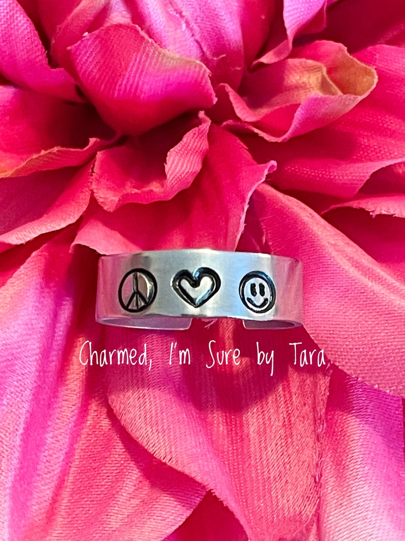 Peace Love and Happiness Hand Stamped Ring - Etsy