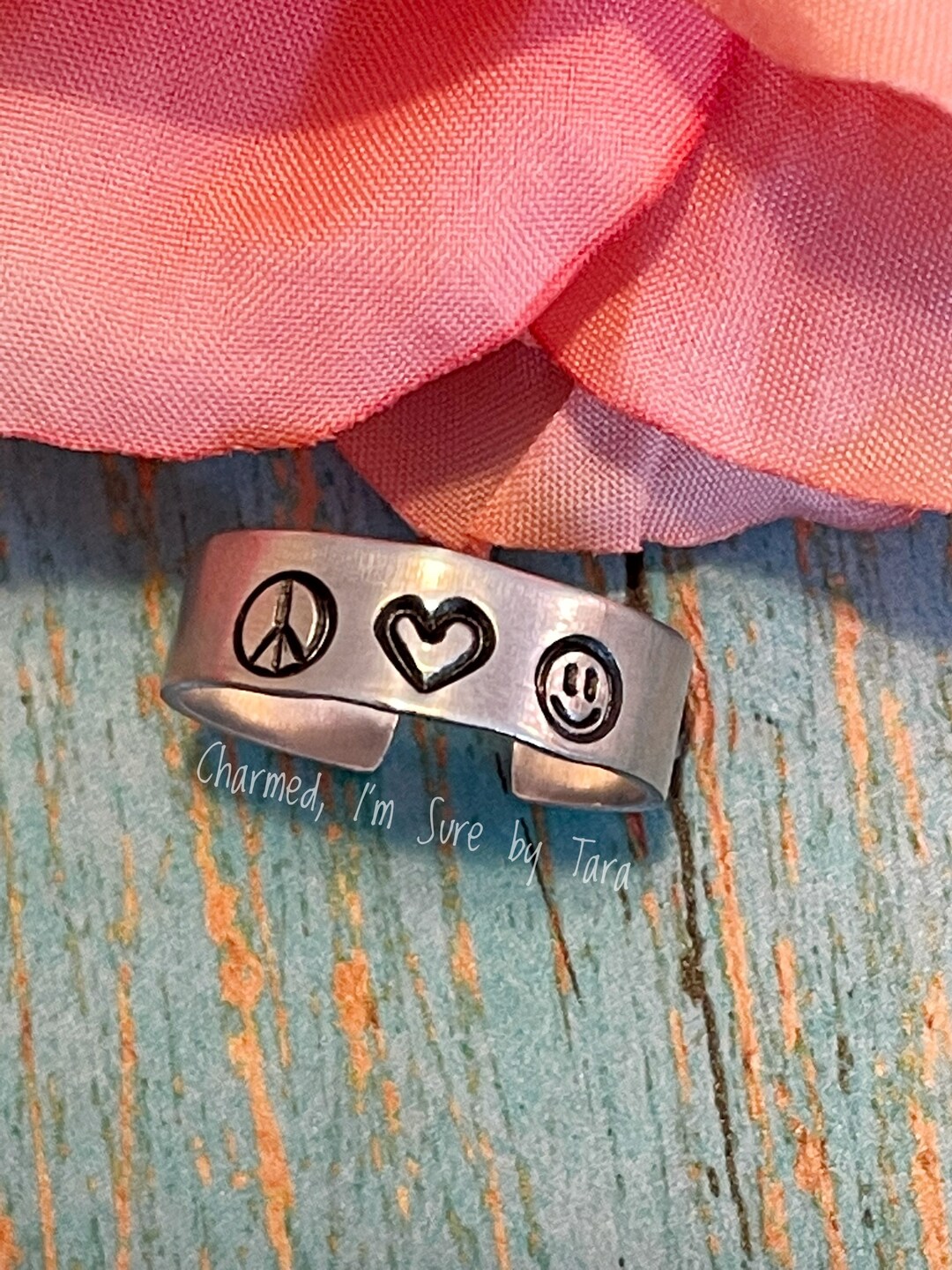 Peace, Love and Happiness Hand Stamped Ring - Etsy