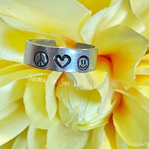 Peace, Love and Happiness Hand Stamped Ring - Etsy