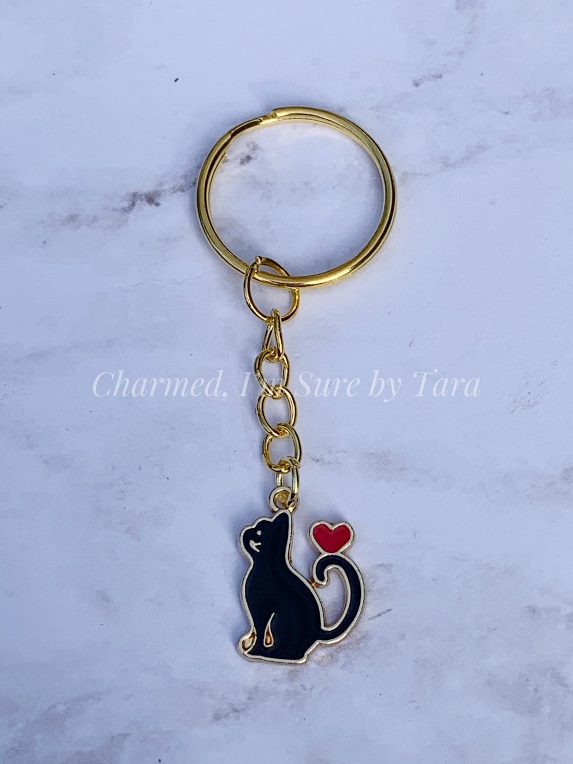 Enamel cat charm keychain/ gold tone/ black cat/ white cat | Etsy